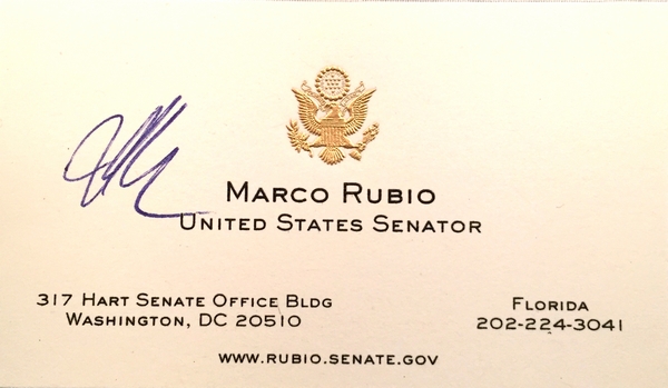Senator Marco Rubio Signed Business Card - Memorabilia For Less
