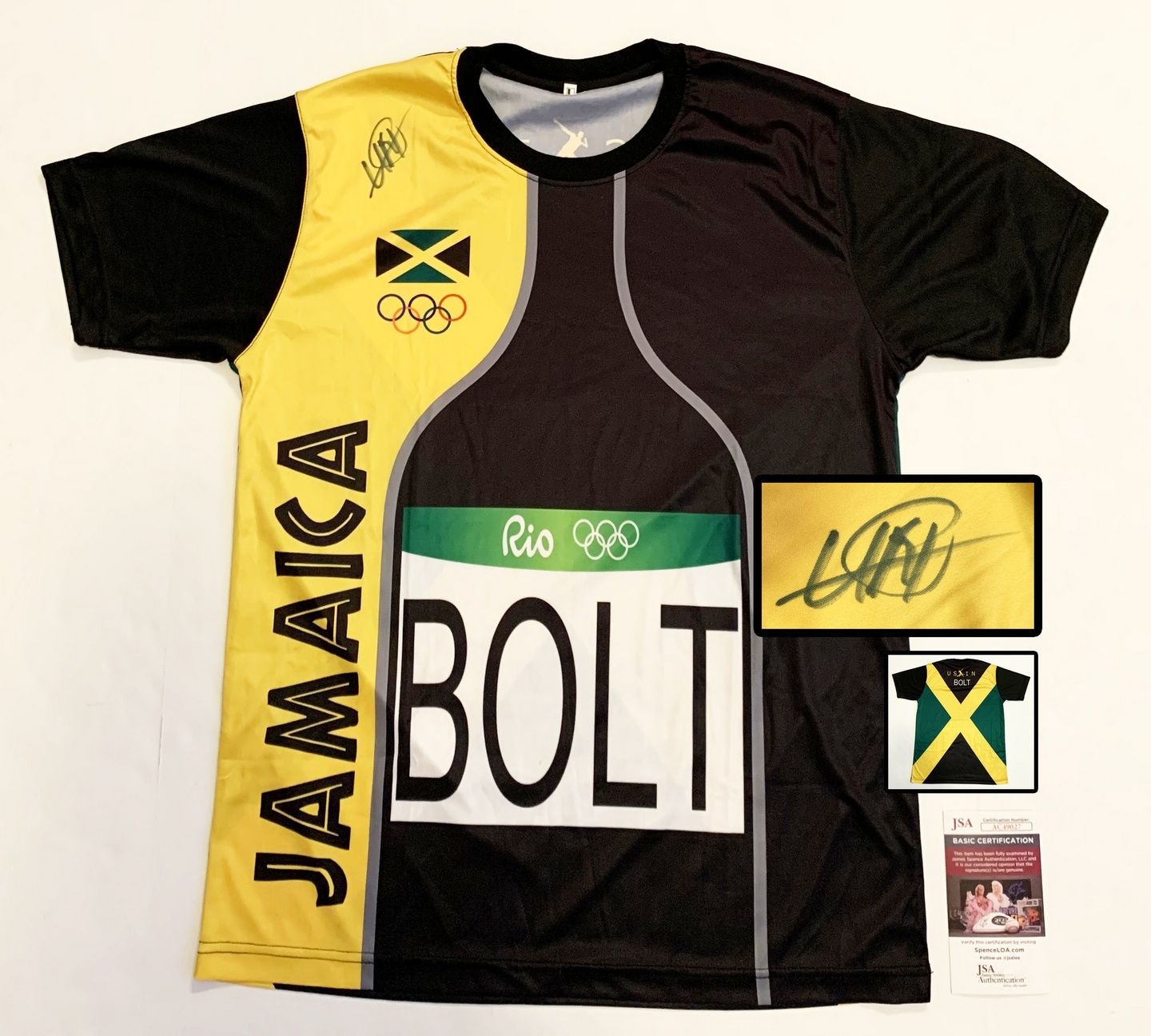 Usain Bolt Signed Jersey 2016 Olympics Rio Gold JSA - Memorabilia For Less