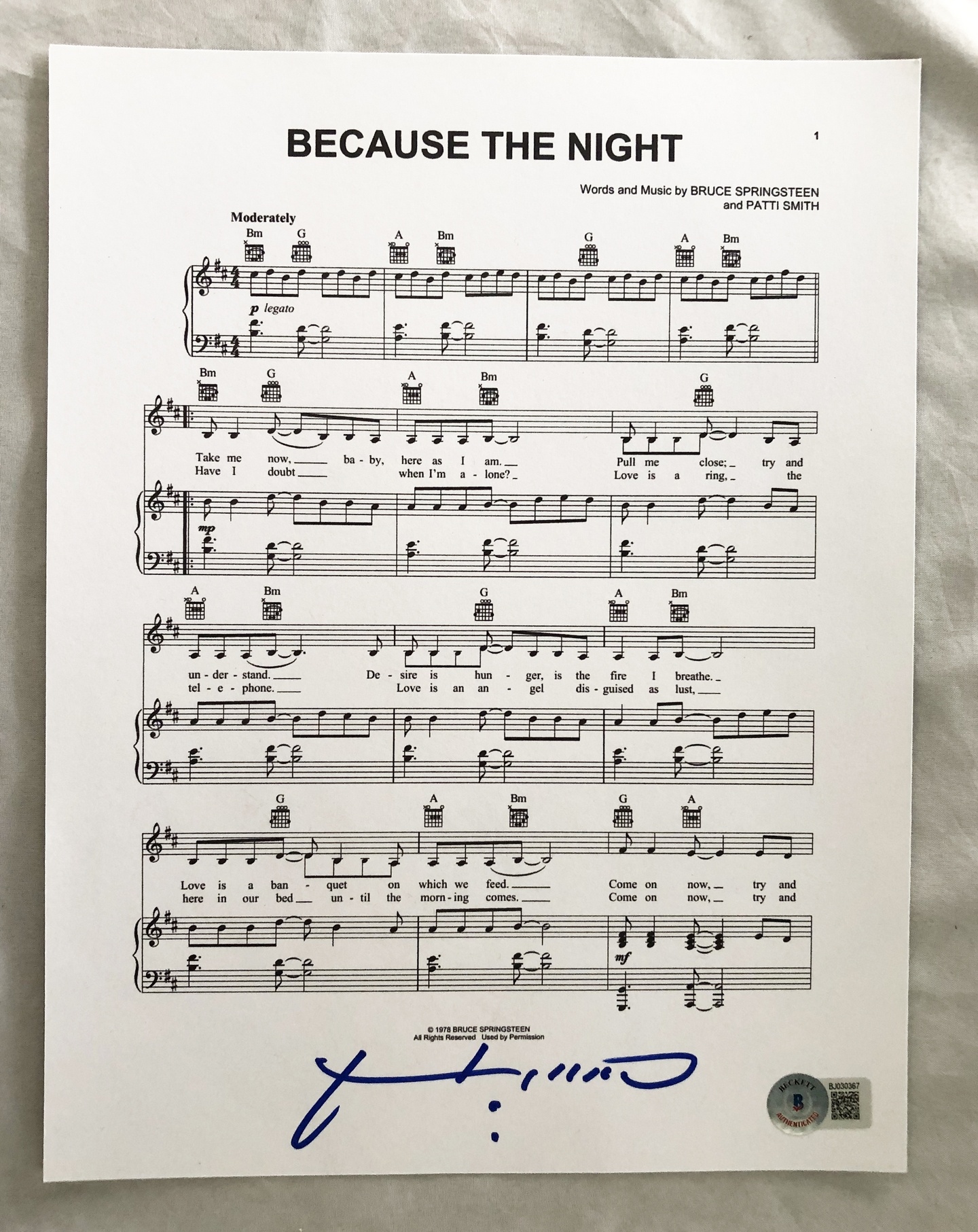 Patti Smith Signed Music Sheet Beckett BAS Because The Night ...