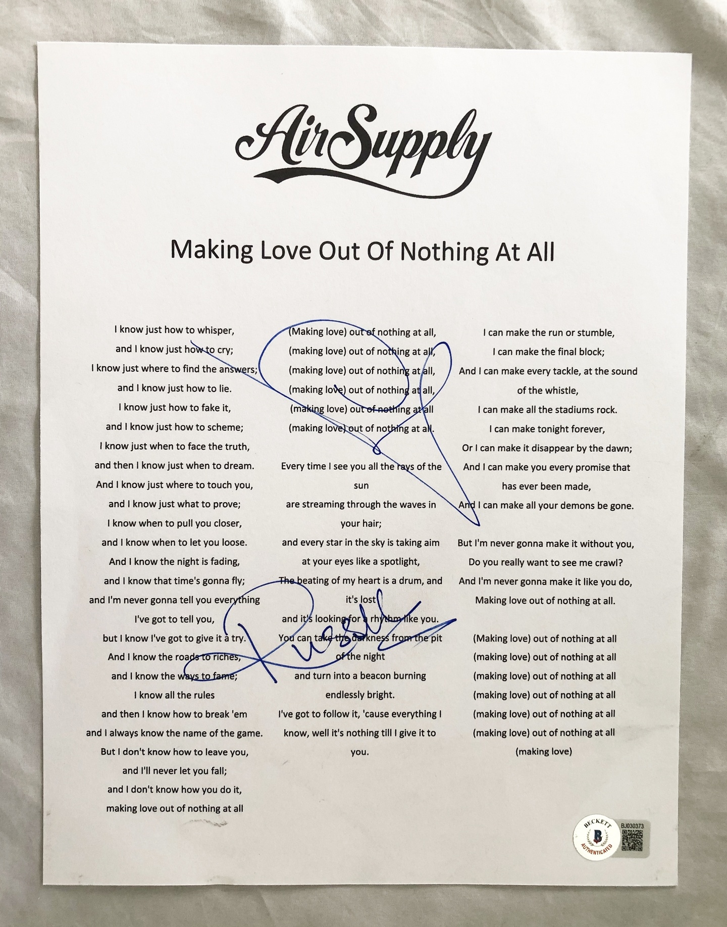 Air Supply Russell Hitchcock and Graham Russell Signed Lyric Sheet ...