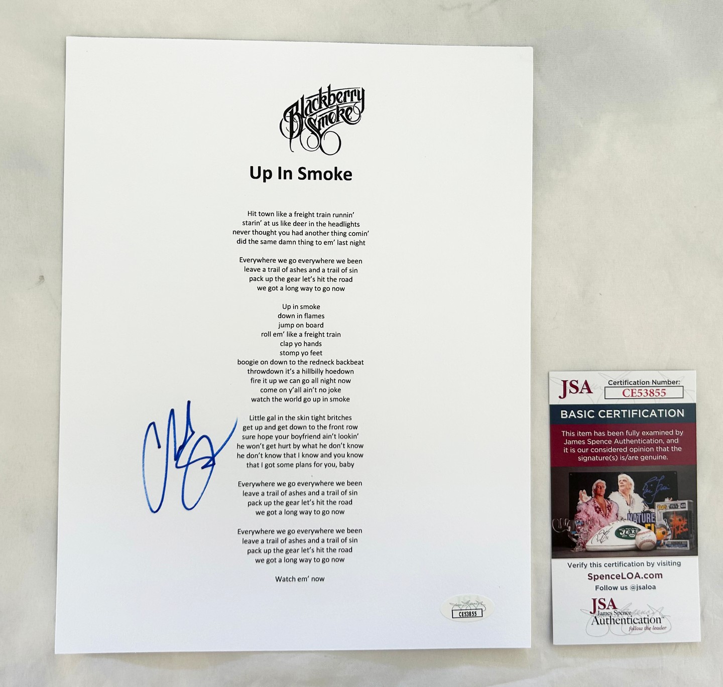 Charlie Starr Signed Lyric Sheet Blackberry Smoke Up In Smoke JSA ...
