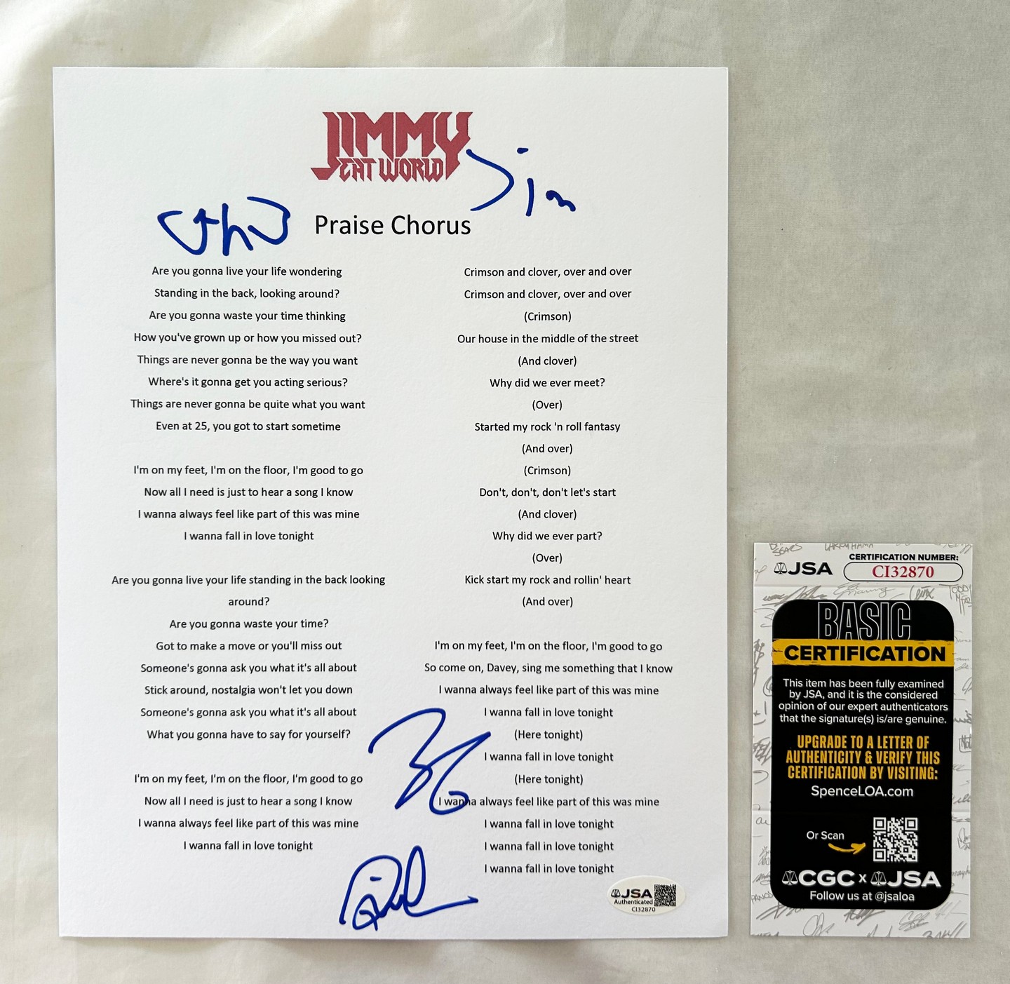 Jimmy Eat World Signed Lyric Sheet Jim Adkins Lind Linton Burch JSA 3 ...